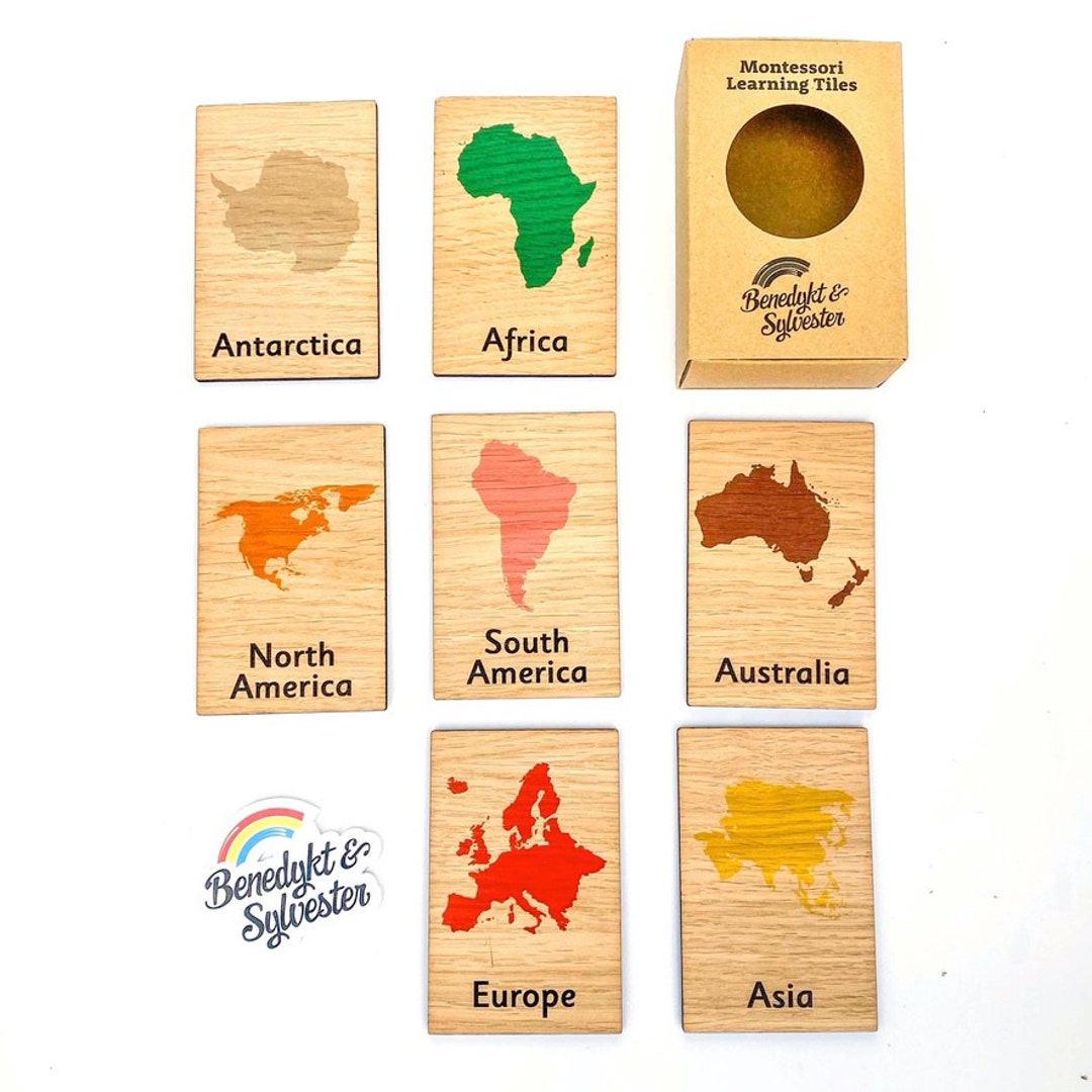 Montessori Continent Wooden Tiles 7 Card Set (like 3 Part Cards ...
