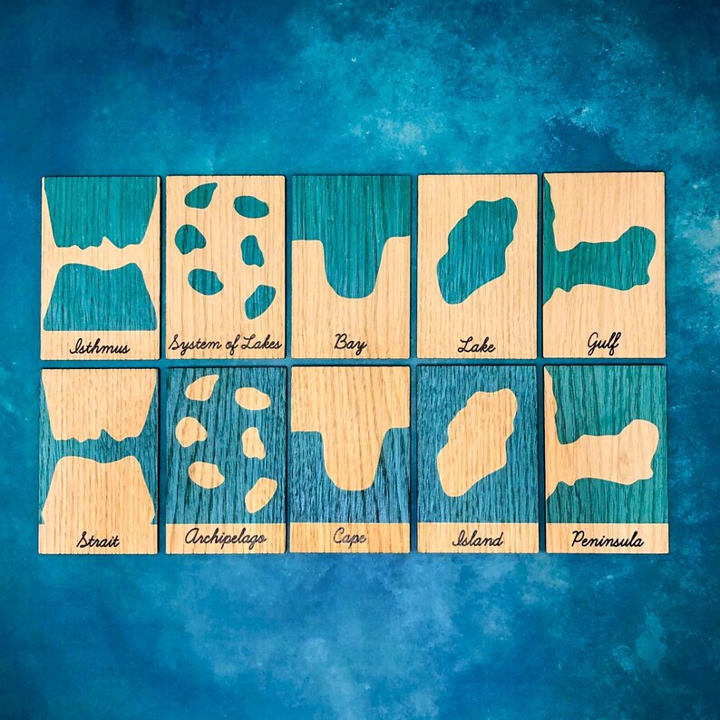 Montessori Wooden Land and Water Form Tiles 10 Card Set (like 3 Part ...
