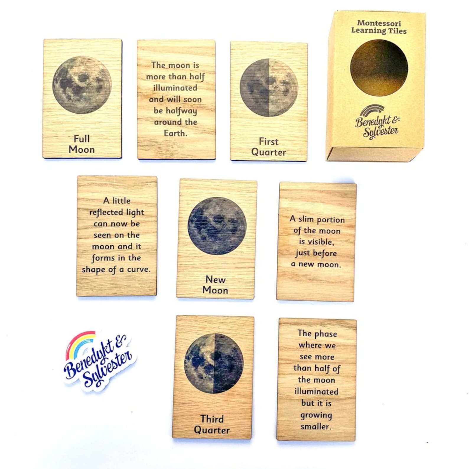 Montessori Wooden Phases of the Moon Tiles 8 Card Set (like 3 Part ...