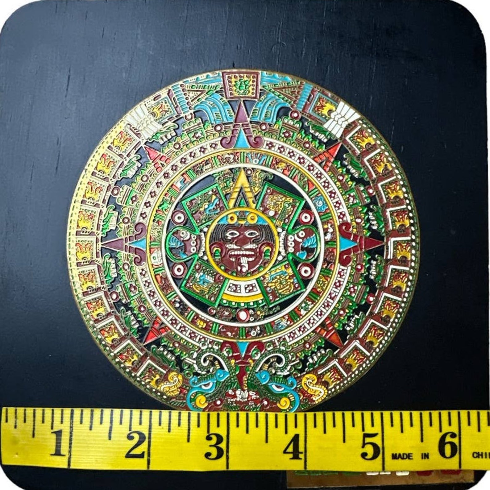 Aztec Black Wood and Metal Enameled Plaque Mexican Art "the Sun Stone ...