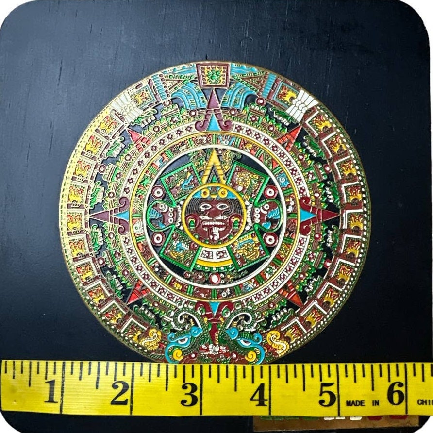Aztec Black Wood and Metal Enameled Plaque Mexican Art "the Sun Stone ...