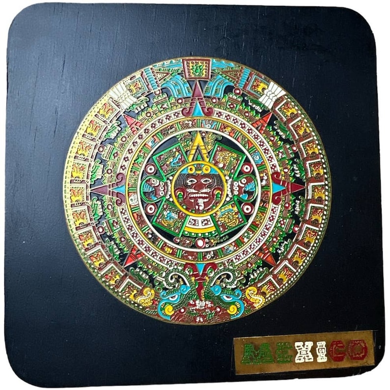 Aztec Black Wood and Metal Enameled Plaque Mexican Art "the Sun Stone ...