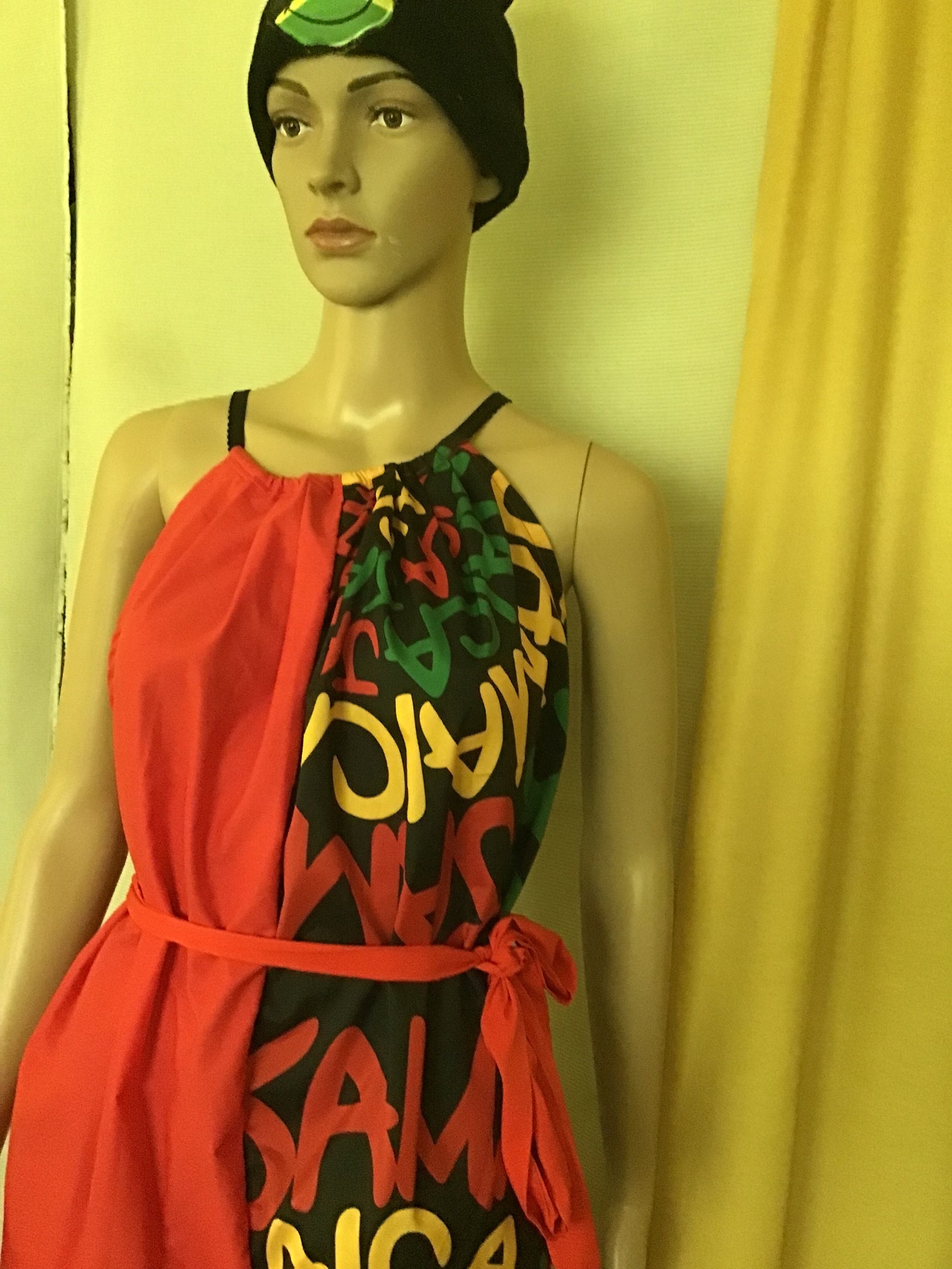 Jamaican Rasta Colorblock Halter Dress, High Low Hem, Fits up to 48 ...