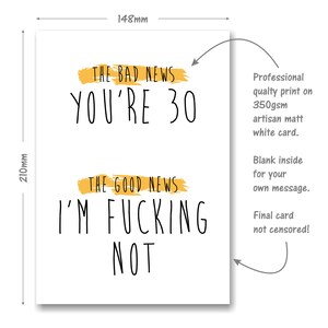 Funny 30th Birthday Card - Cheeky Rude Banter - the Bad News You're 30 ...