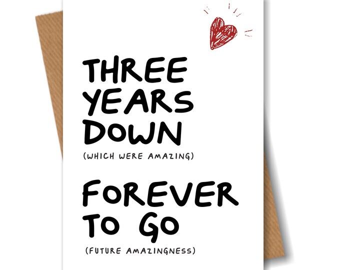 3 Years Down, 3rd Anniversary Card, Three Years Anniversary Card, 3 ...
