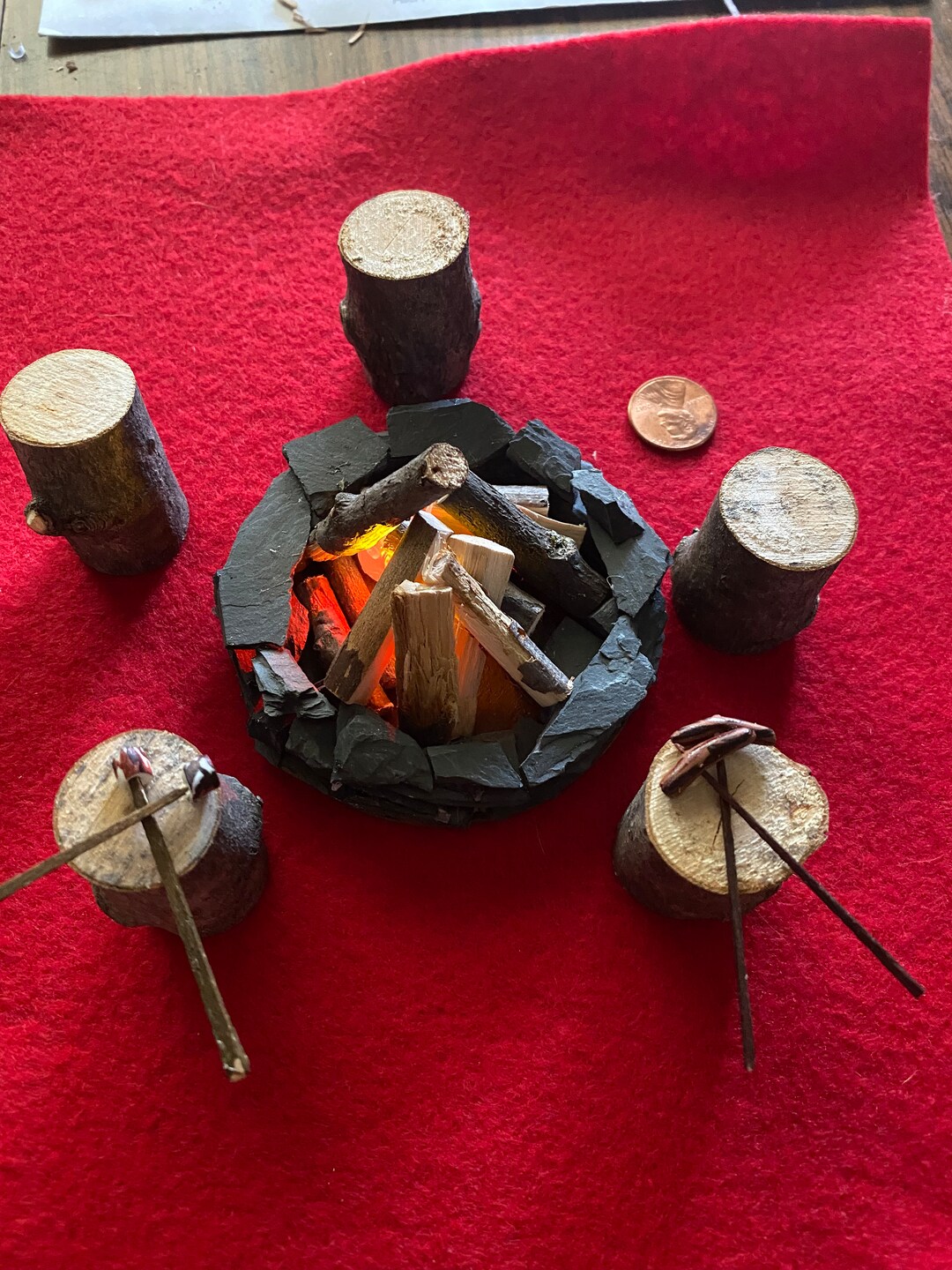 1:12 Miniature Dollhouse Fire Pit With Lighted Fire 5 Stools - Etsy