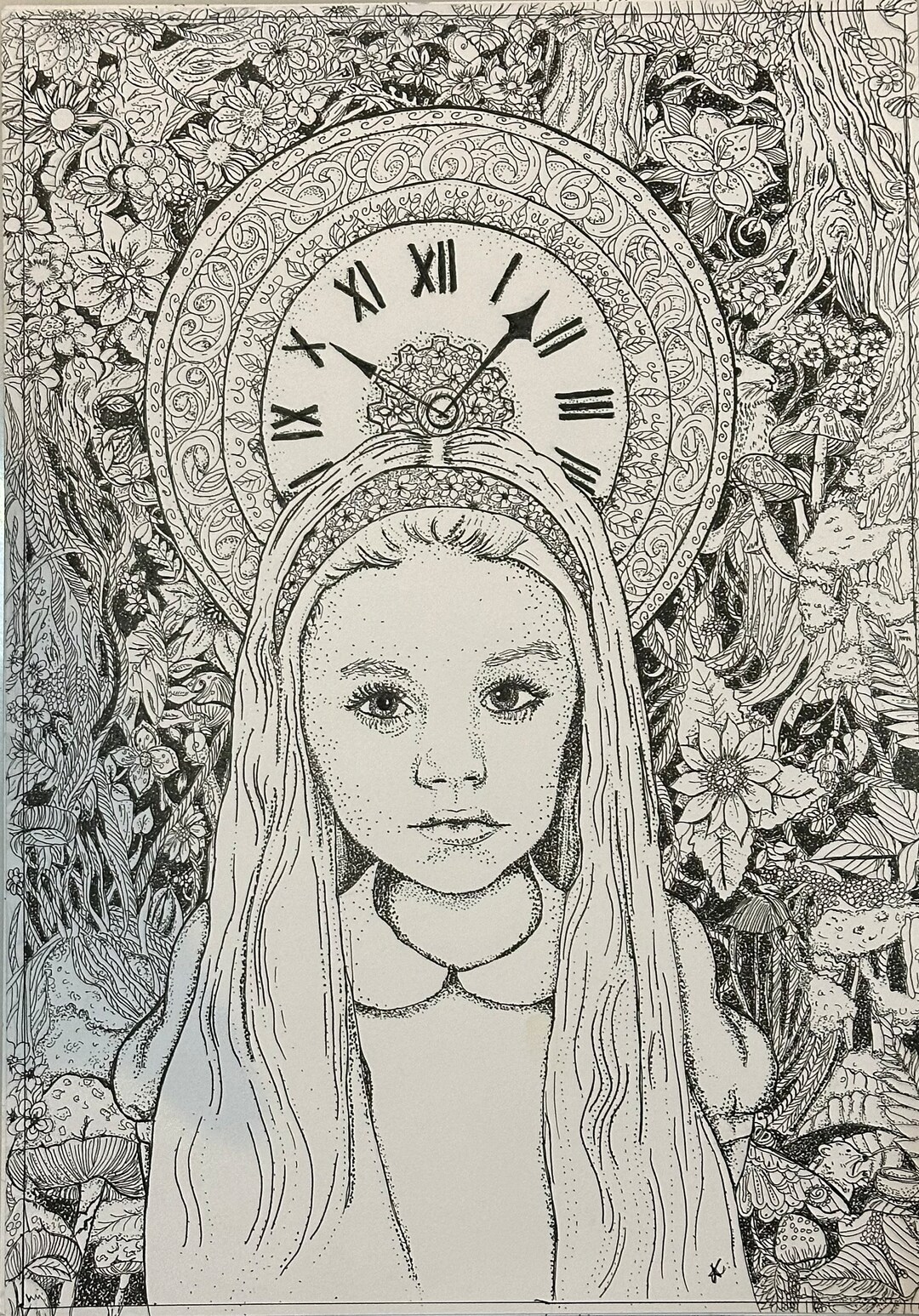 Original Ink Drawing of Alice With Clock Zentangle Art - Etsy