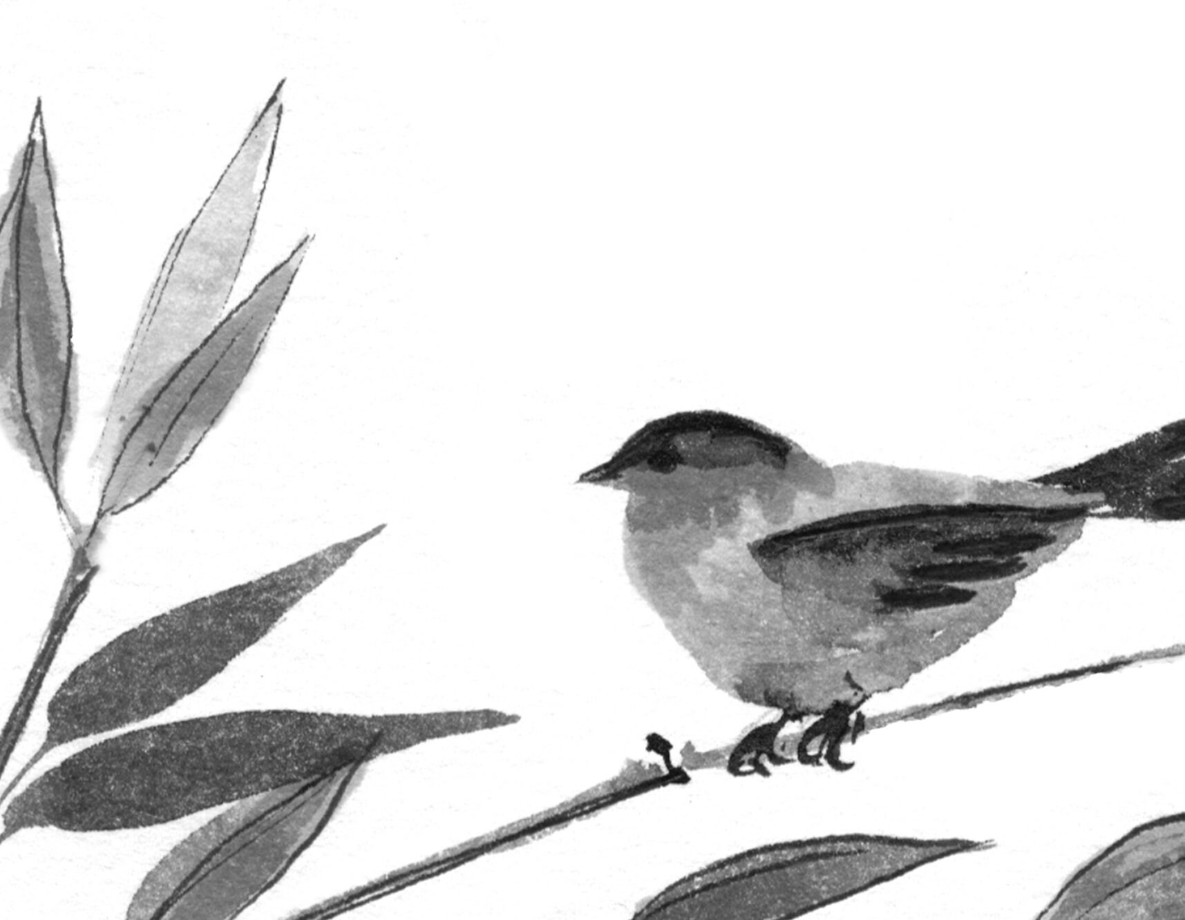Bamboo and Little Bird Hand-drawn With Ink in Sumi-e Style. Digital ...
