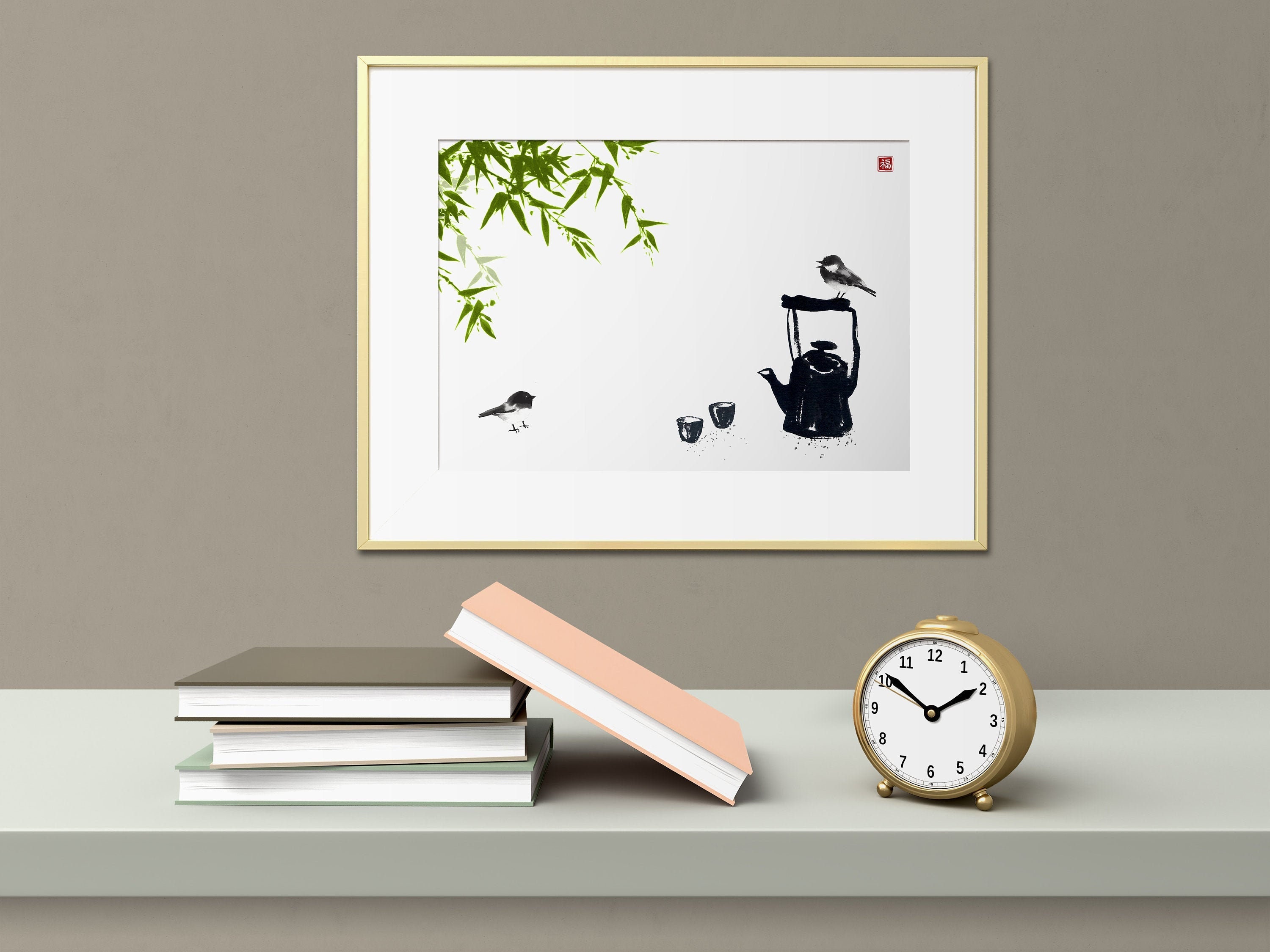 Japanese Ink Wash Painting Sumi-e. Two Birds and Teapot Under Bamboo ...