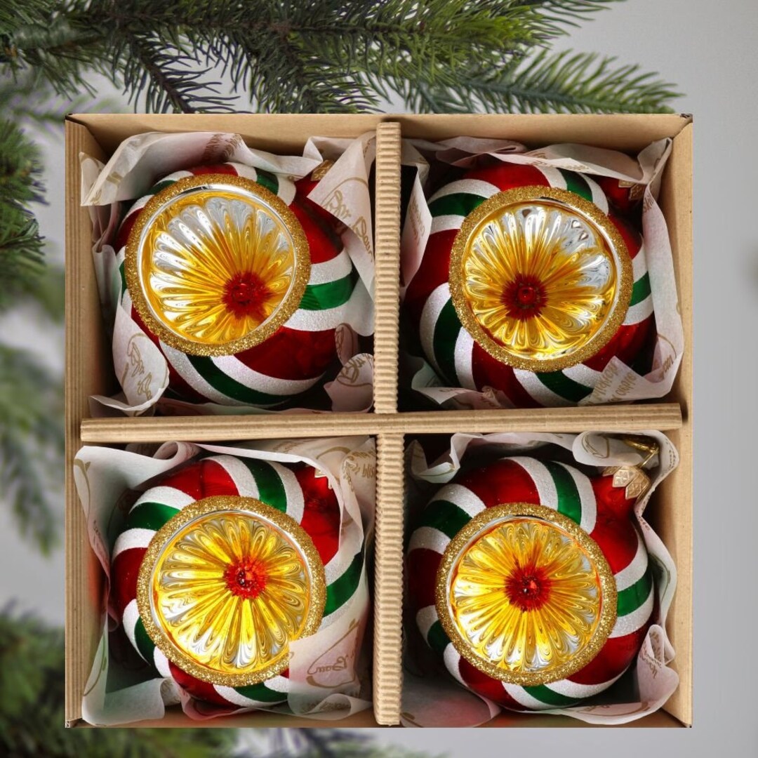 Glass Peppermint Reflector Baubles SET of 4 Ornament Handmade Holiday ...