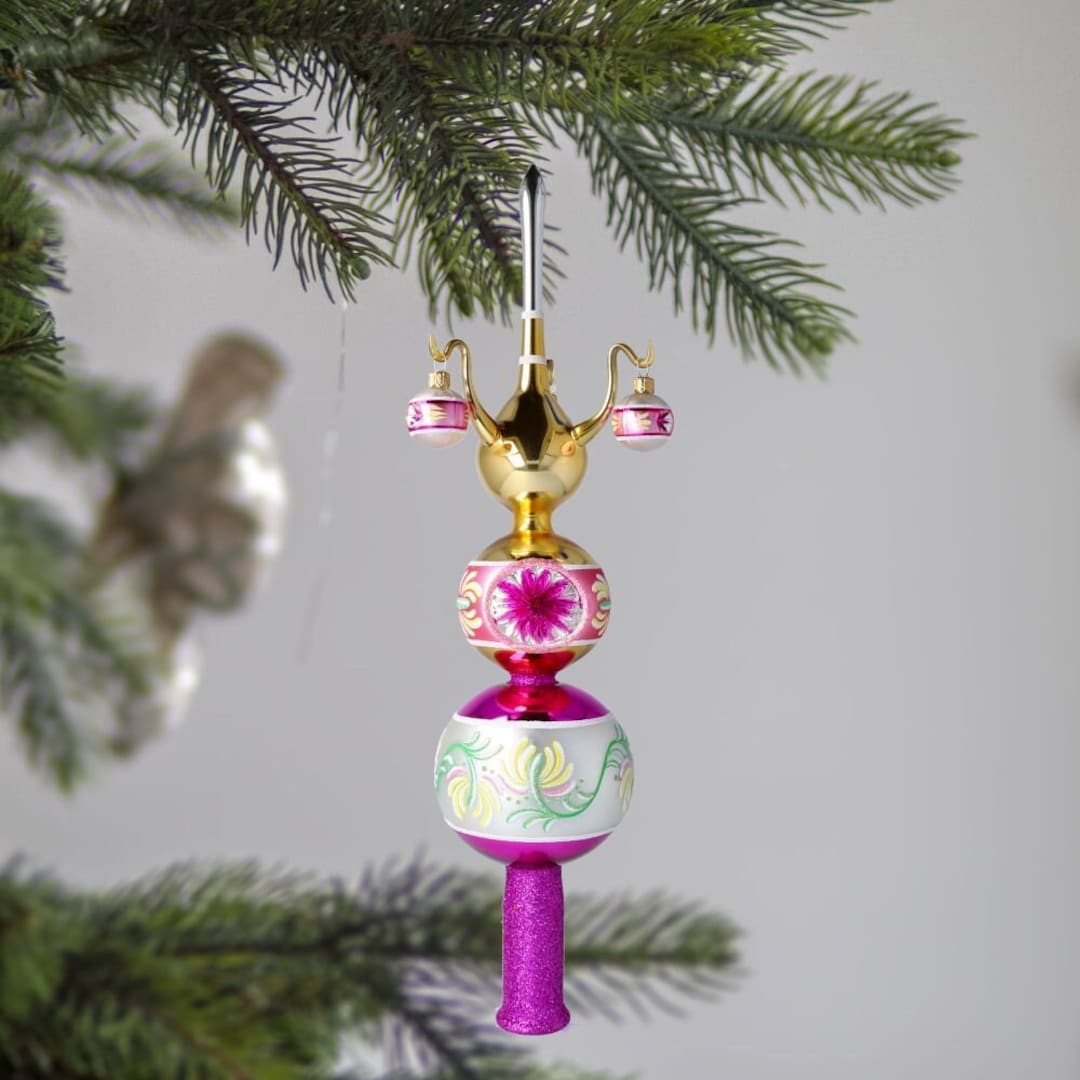 Glass Floral Pink Reflector Tree Topper With Baubles Handmade Vintage ...