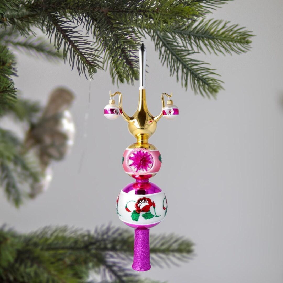 Glass Floral Pink Reflector Tree Topper With Baubles Handmade Vintage ...