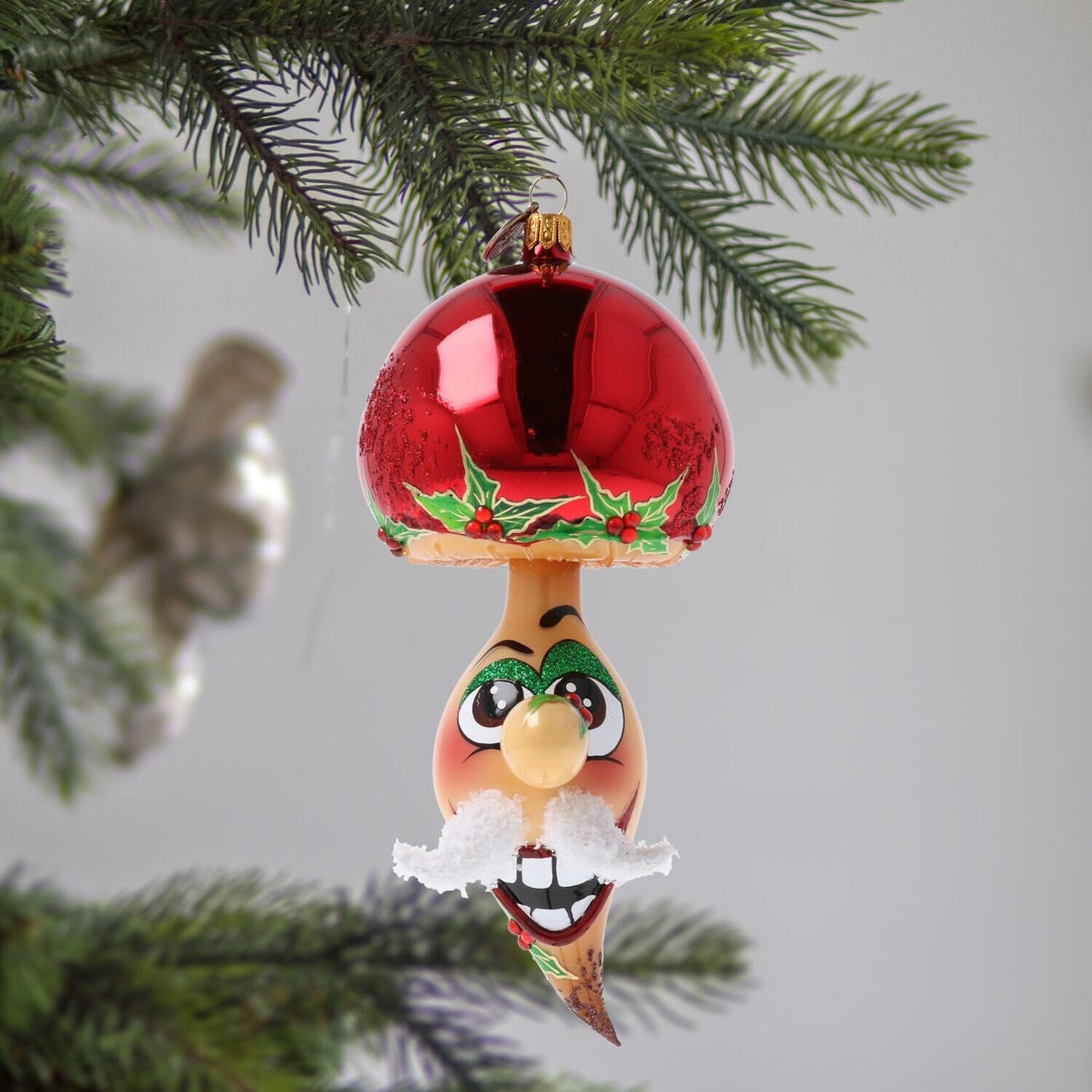Glass Giant Toadstool Man With Holly Flower Ornament Handmade Ornament ...