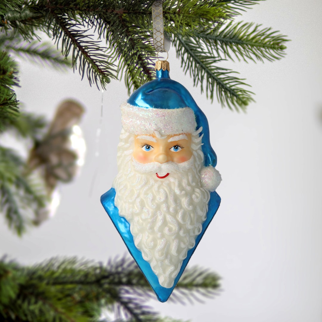 Glass Big Blue Santa Claus Bust Ornament Handmade Ornament Holiday ...