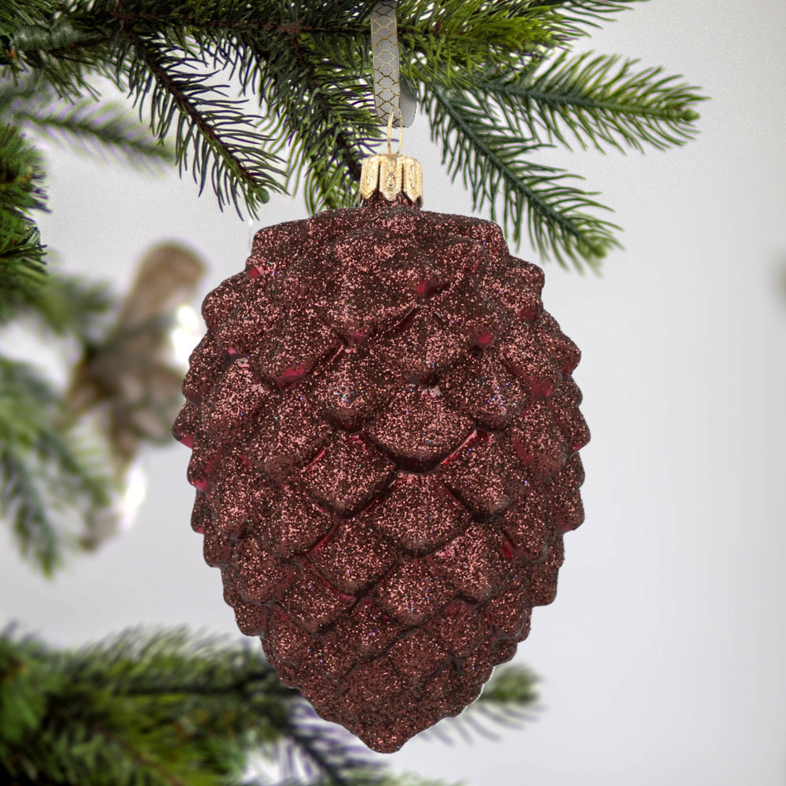 Glass Handpainted Glitter Pine Tree Cone Multi Color Traditional ...