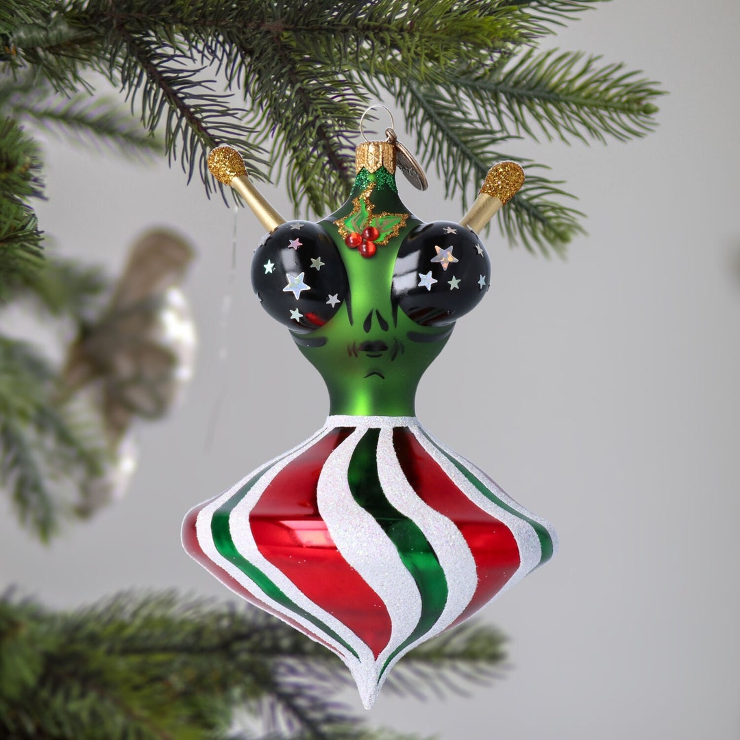 Glass Peppermint Alien With Holly Flowers Christmas Spaceship Ornament ...