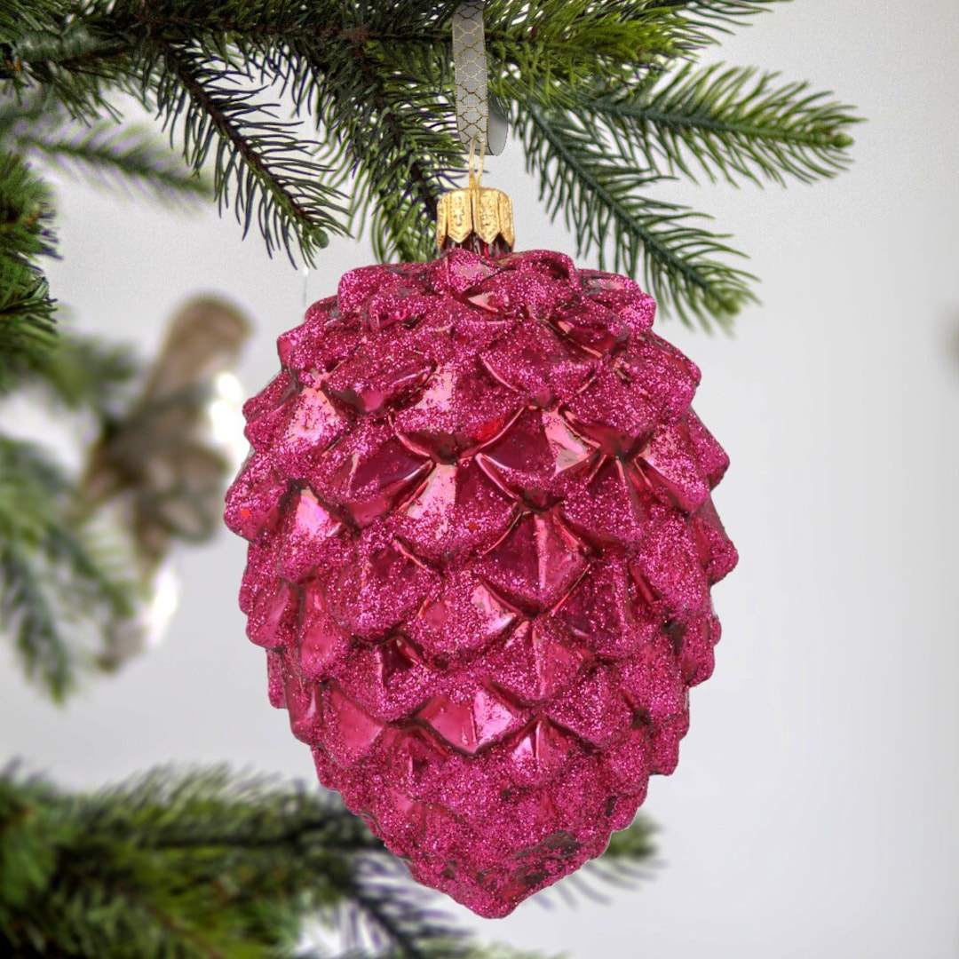 Glass Handpainted Glitter Pine Tree Cone Multi Color Traditional ...