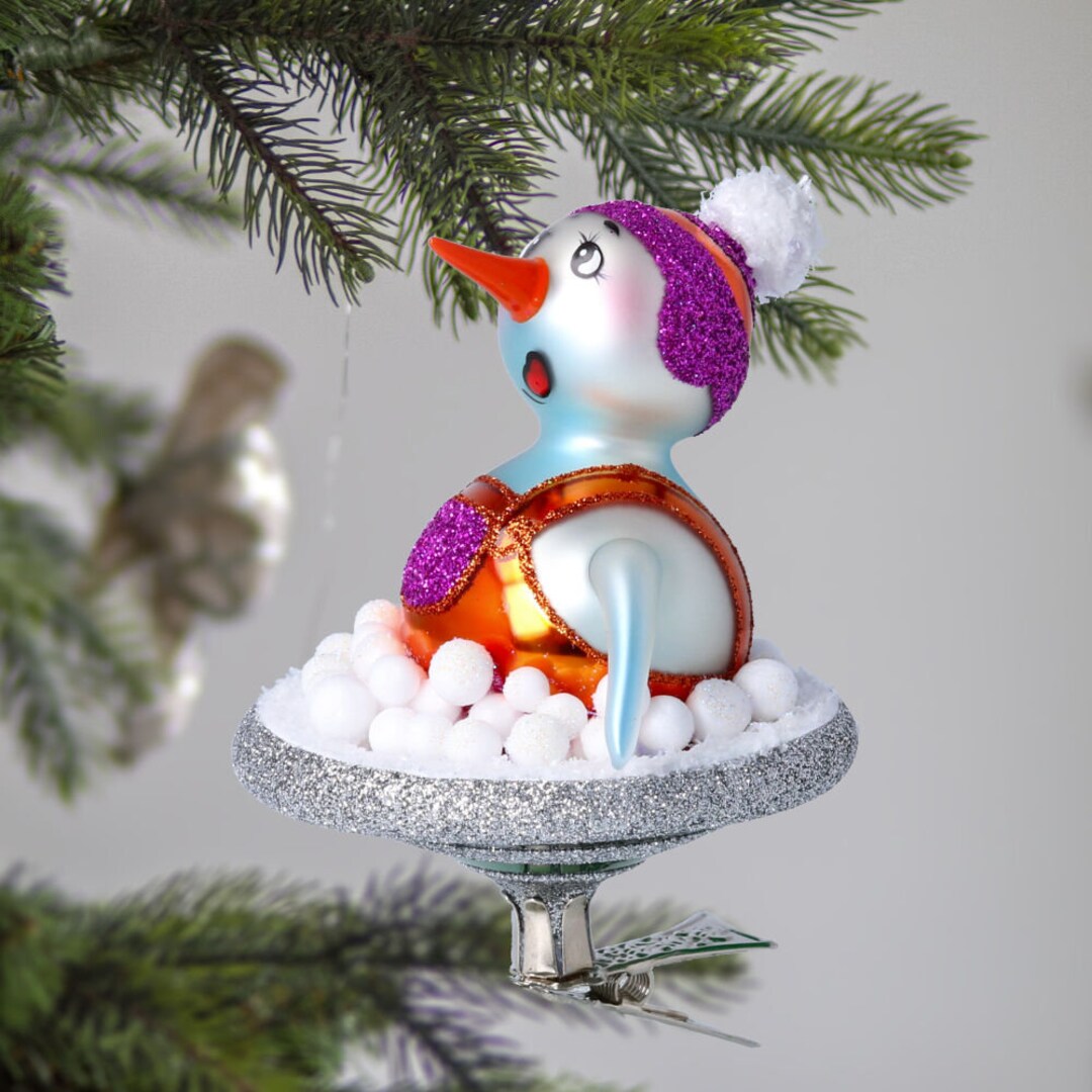 Glass Sledding Snowman With Snow Saucer Free Blown Christmas Clips ...