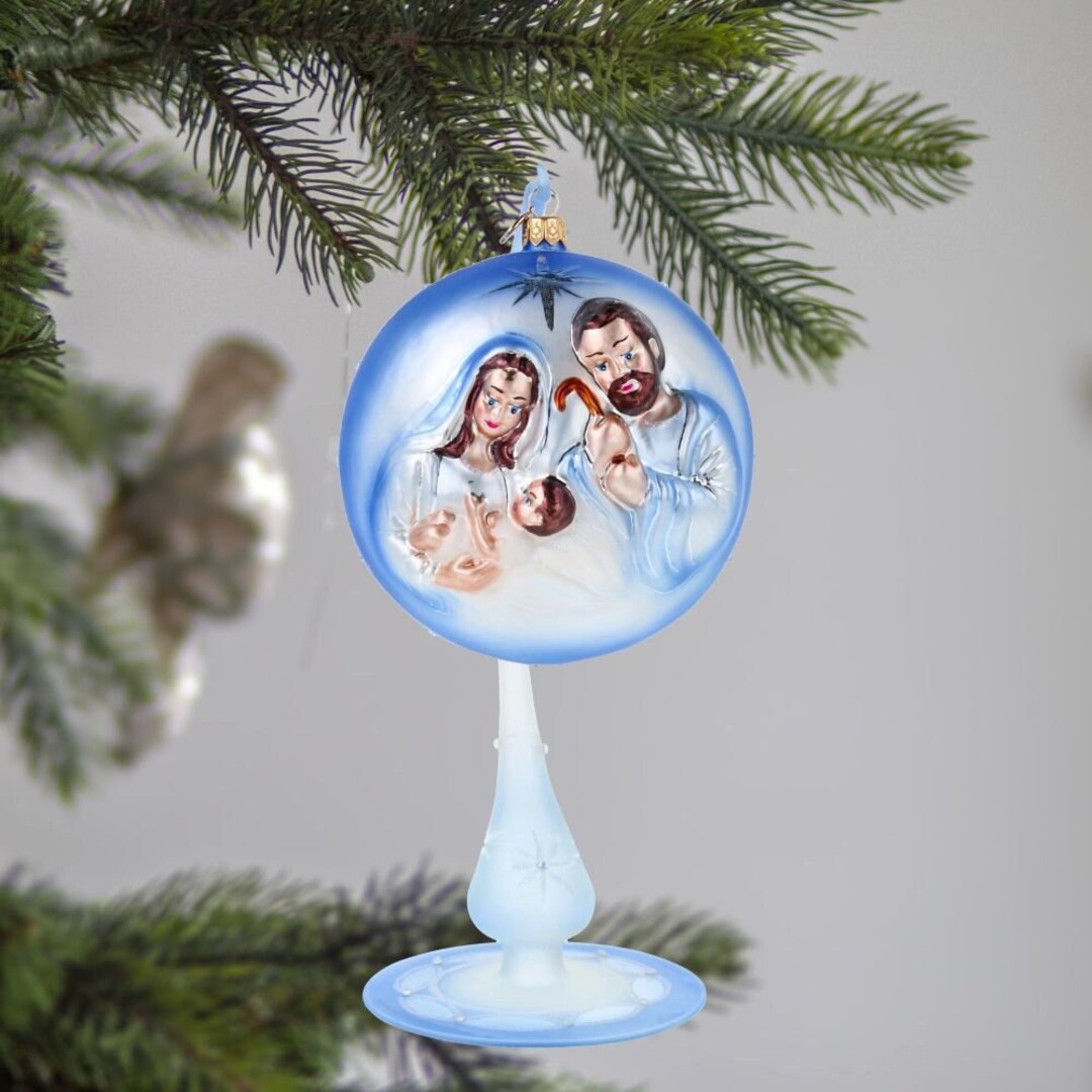 Glass Big Holly Family Blue Bauble With Decorated Stand Nativity Scene ...
