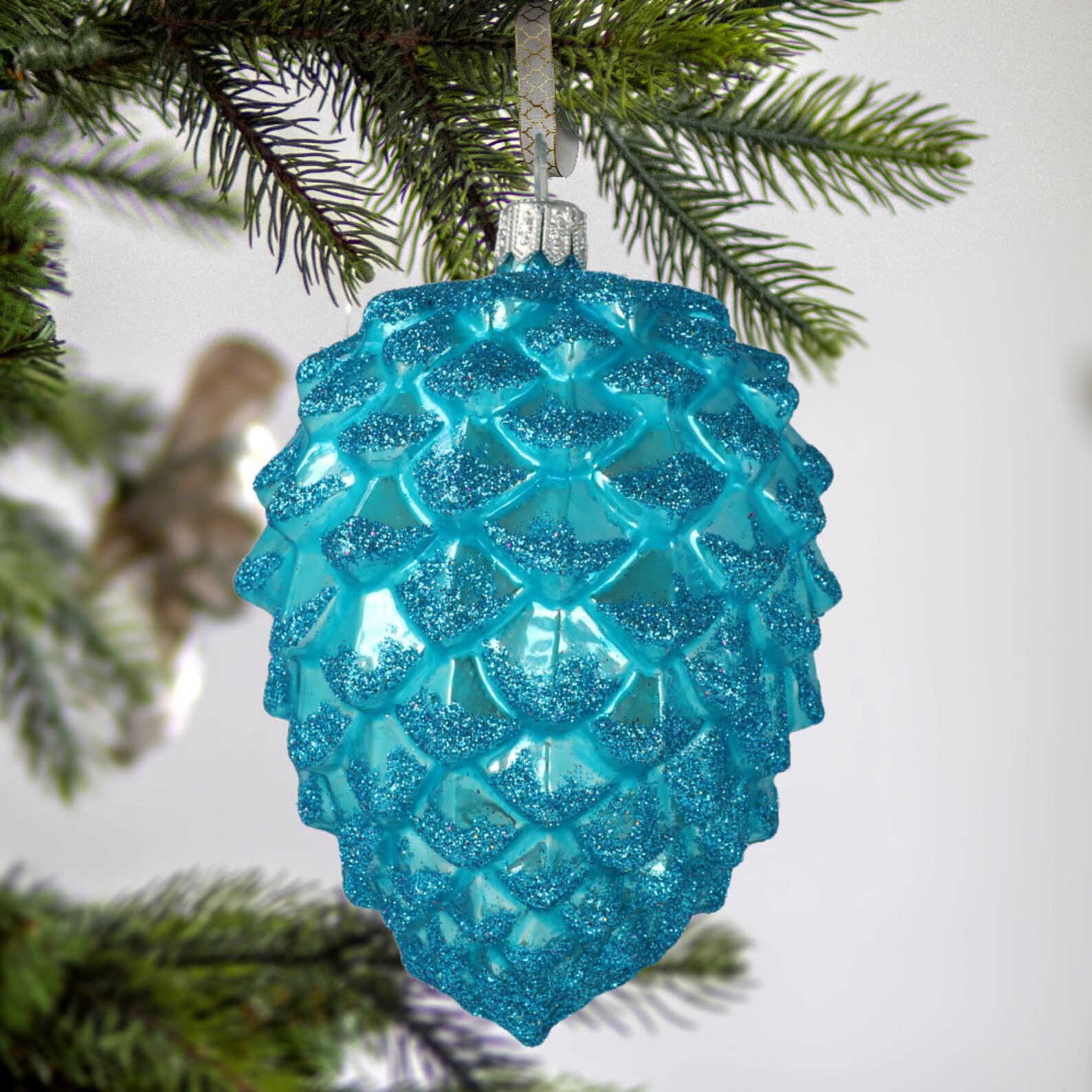Glass Handpainted Glitter Pine Tree Cone Multi Color Traditional ...