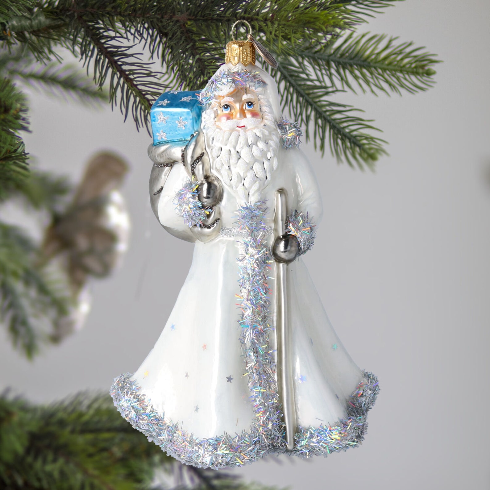 Glass Big Elegant White and Silver Santa Claus With Gifts | Etsy