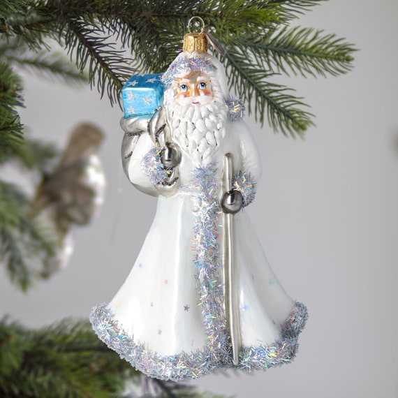 Glass Big Elegant White and Silver Santa Claus With Gifts | Etsy