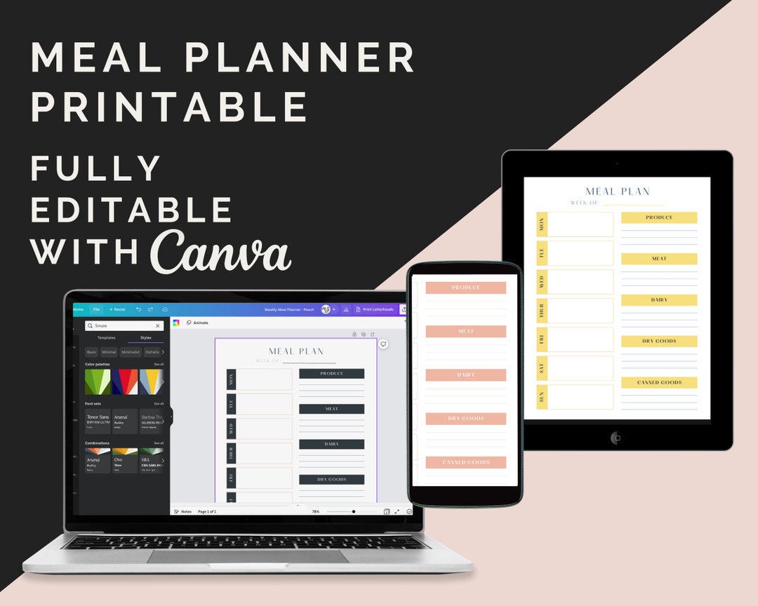 Meal Planner Printable | Canva Template | Meal Plan | Grocery List ...
