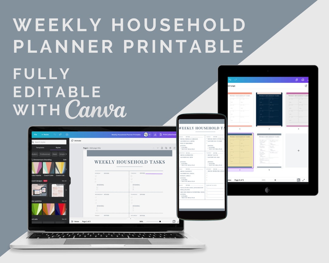 Weekly Household Planner Printable | Canva Template | Cleaning ...
