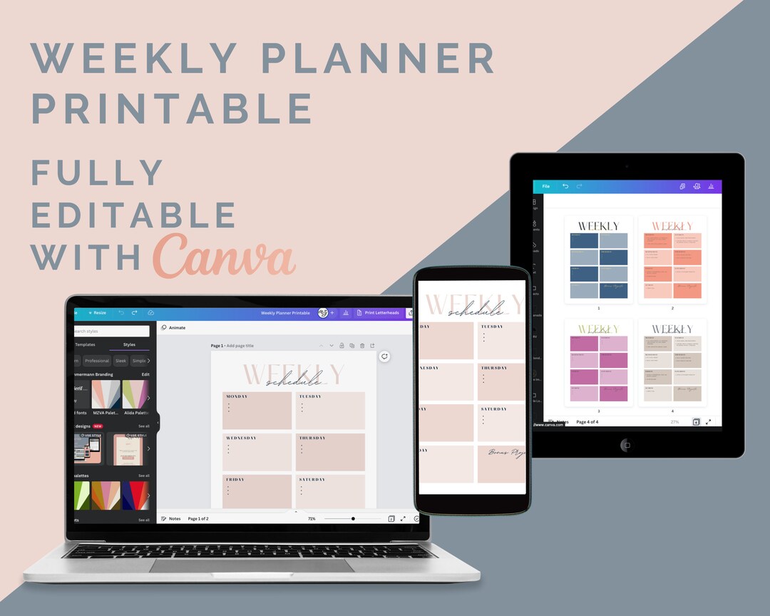 Weekly Planner Printable | Canva Template | Work Schedule | Household ...