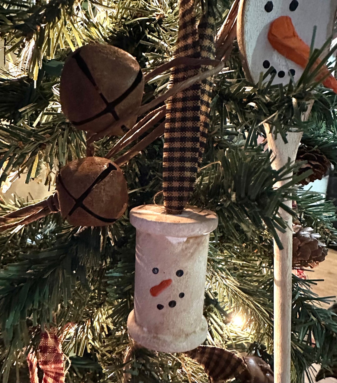 Primitive Decor, Wooden Spool Snowman Ornament, Wood Ornament ...