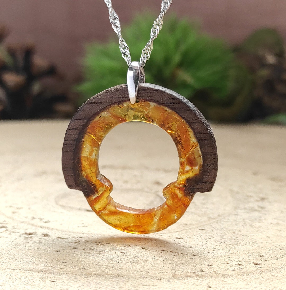Walnut and Amber Pendant With Chain 925/1000, Pendat Necklace - Etsy