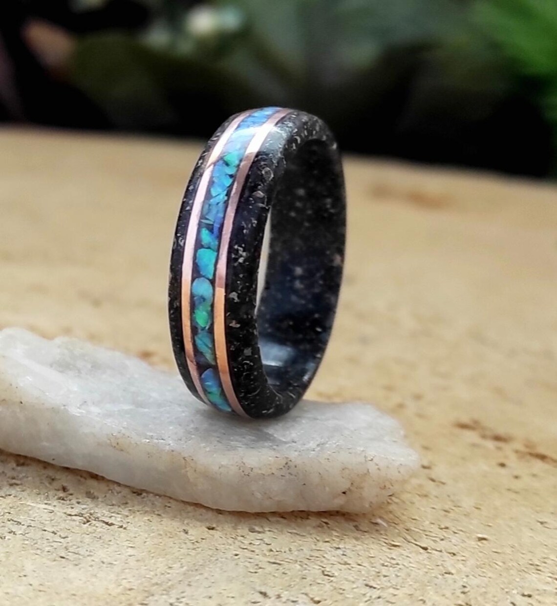 Obsidian Ring With Opal and Cooper Inlay, Ring for Her and Him, Wedding ...