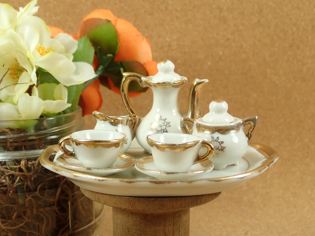 Vintage Mini Ceramic Tea Set White With Gold Detail Tiny Doll Tea Set ...