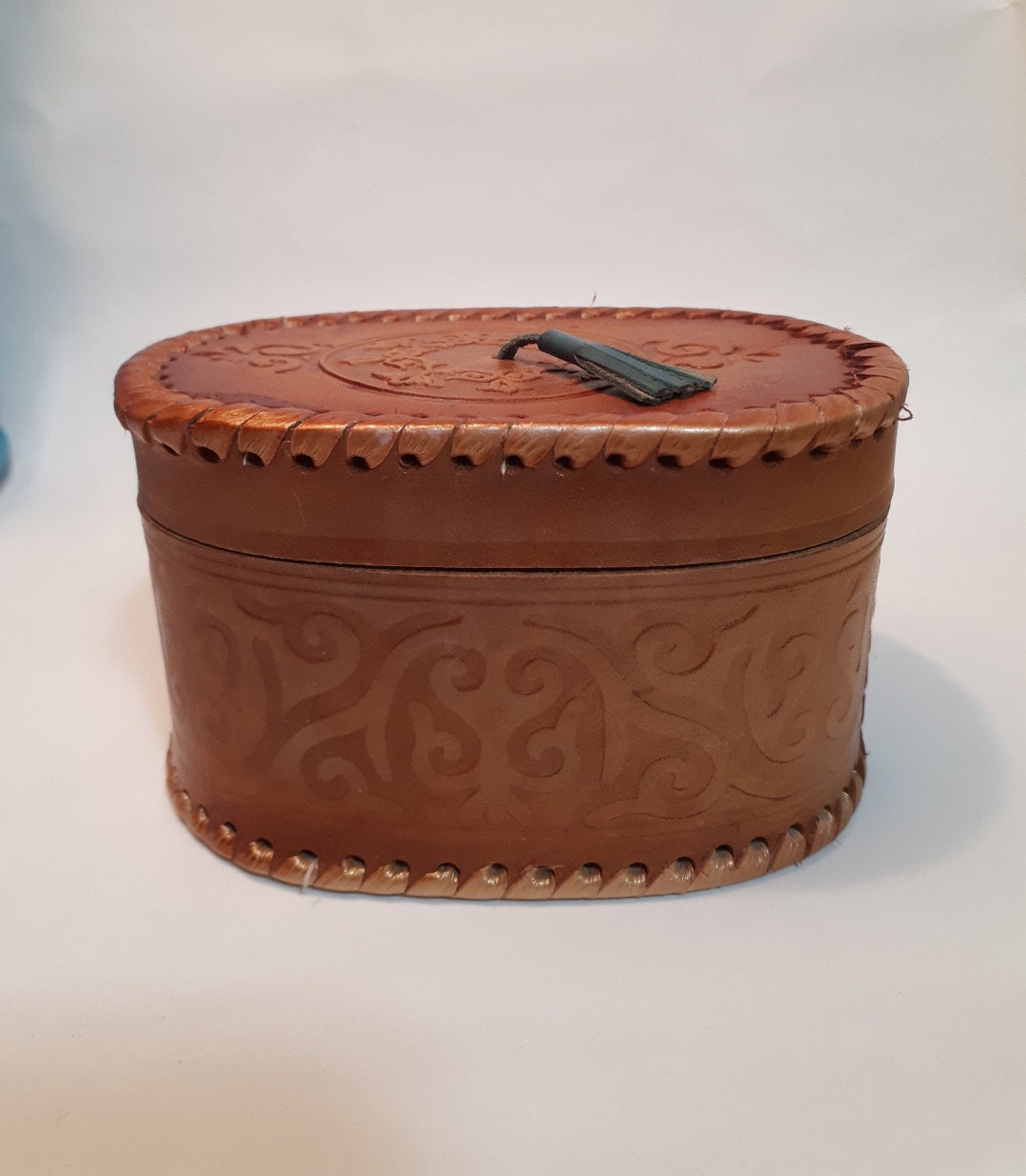 Vintage Genuine Leather Trinket Box, Jewelry Box, Leather Box ...