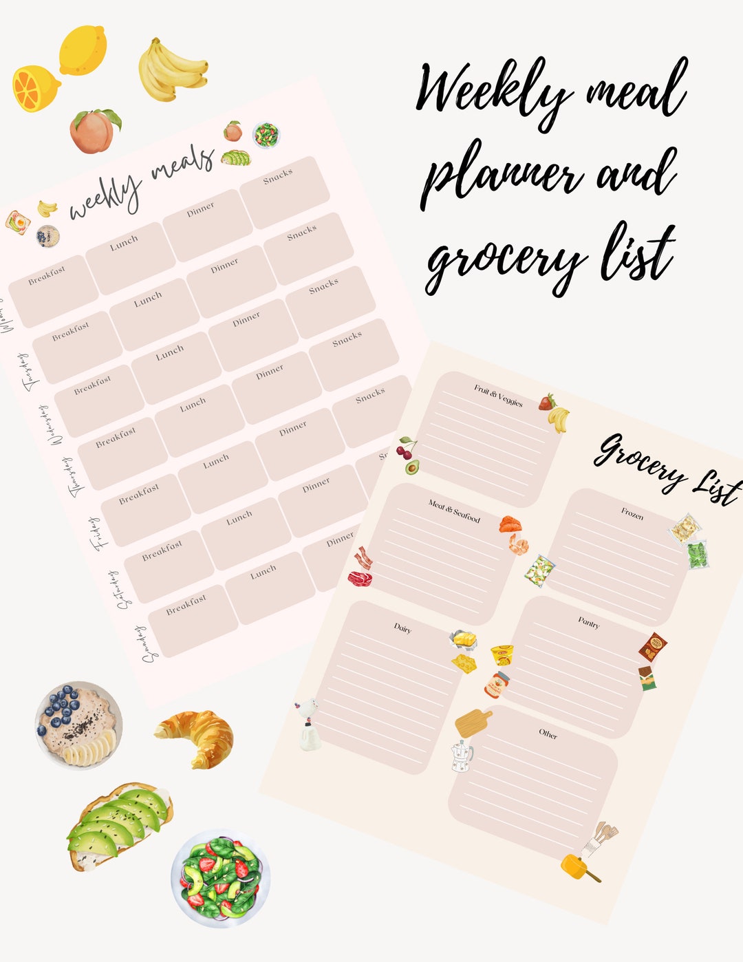 Weekly Meal Plan Sheet and Grocery List | Digital Product| Custom Meal ...