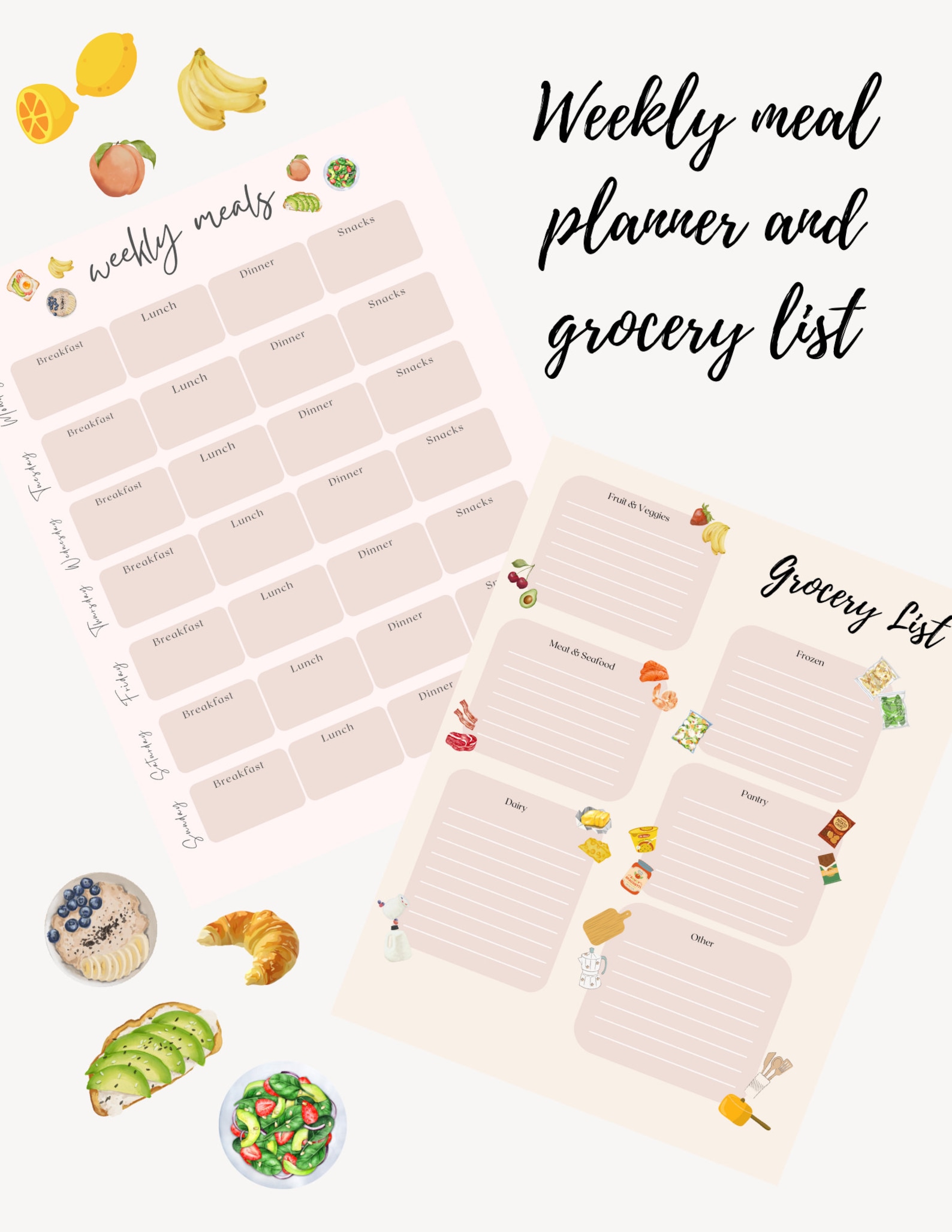 Weekly Meal Plan Sheet and Grocery List | Digital Product| Custom Meal ...