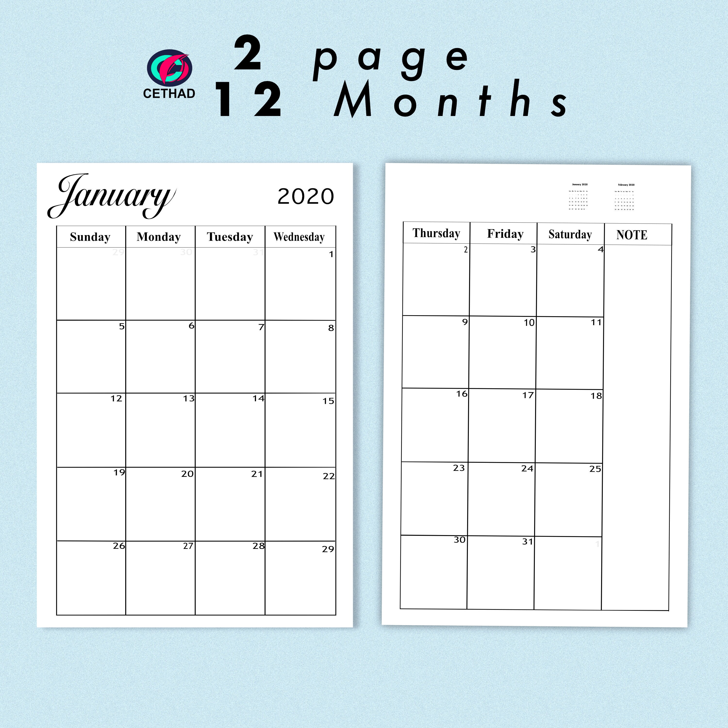 2020 Monthly Planner Calendar Printable Template, Instant Download, 2 ...