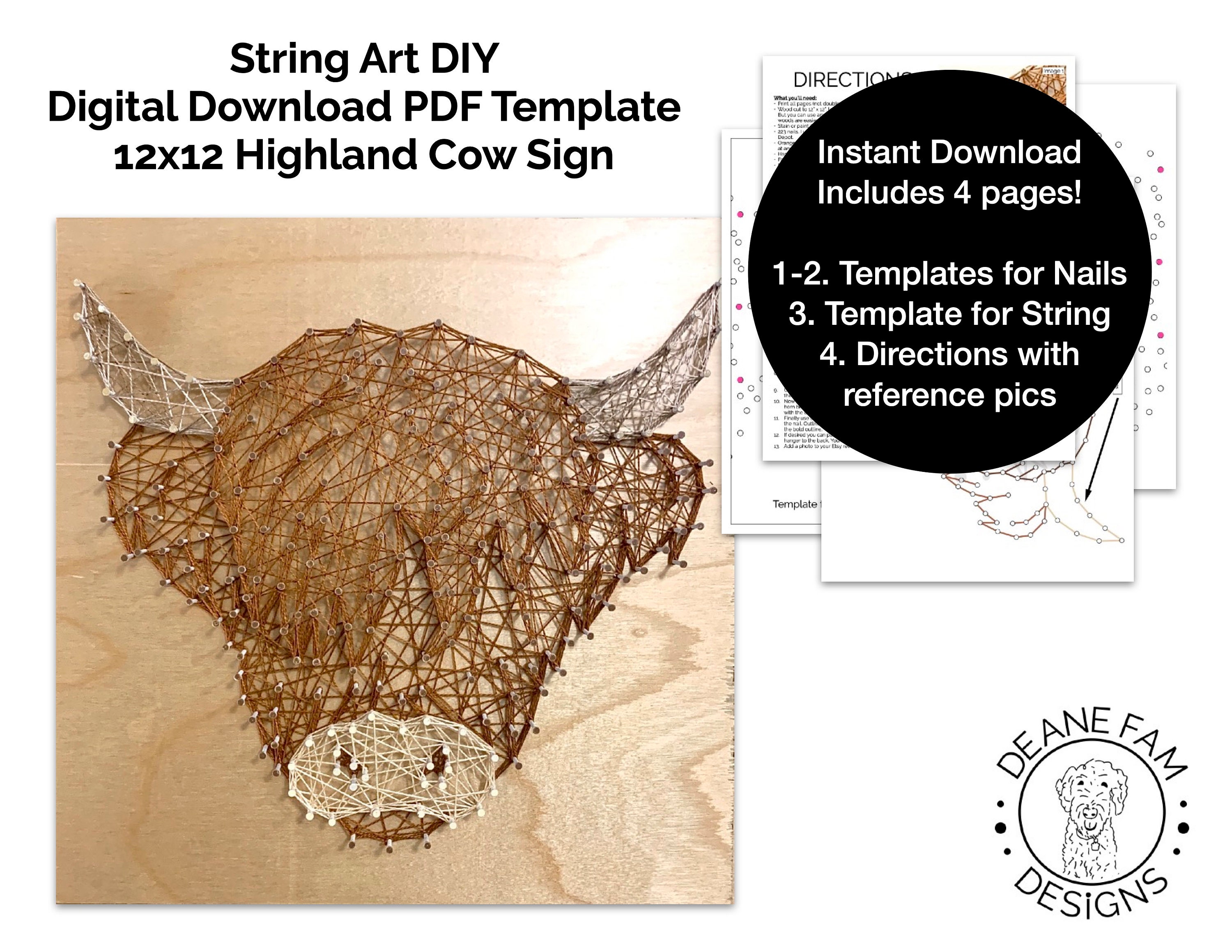 DIY String Art Highland Cow Digital Download PDF Template Nail ...