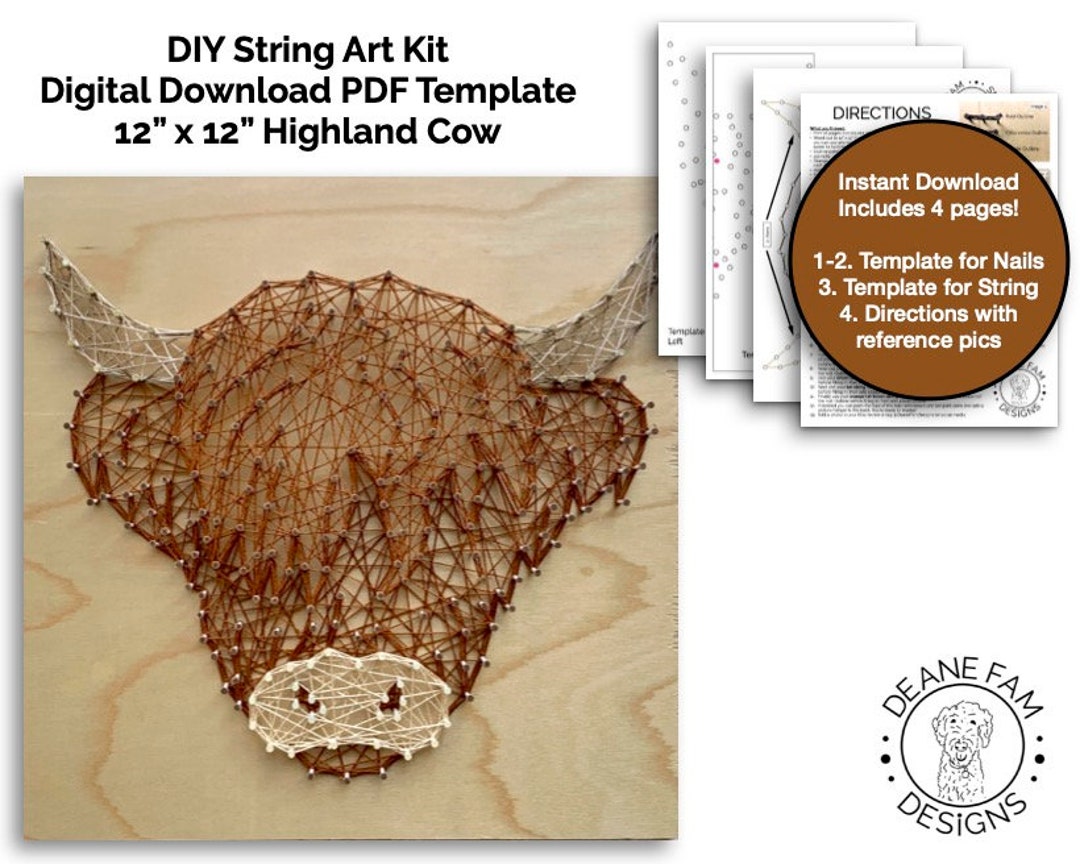 DIY String Art Highland Cow SMALL 12x12 Digital Download PDF Template ...