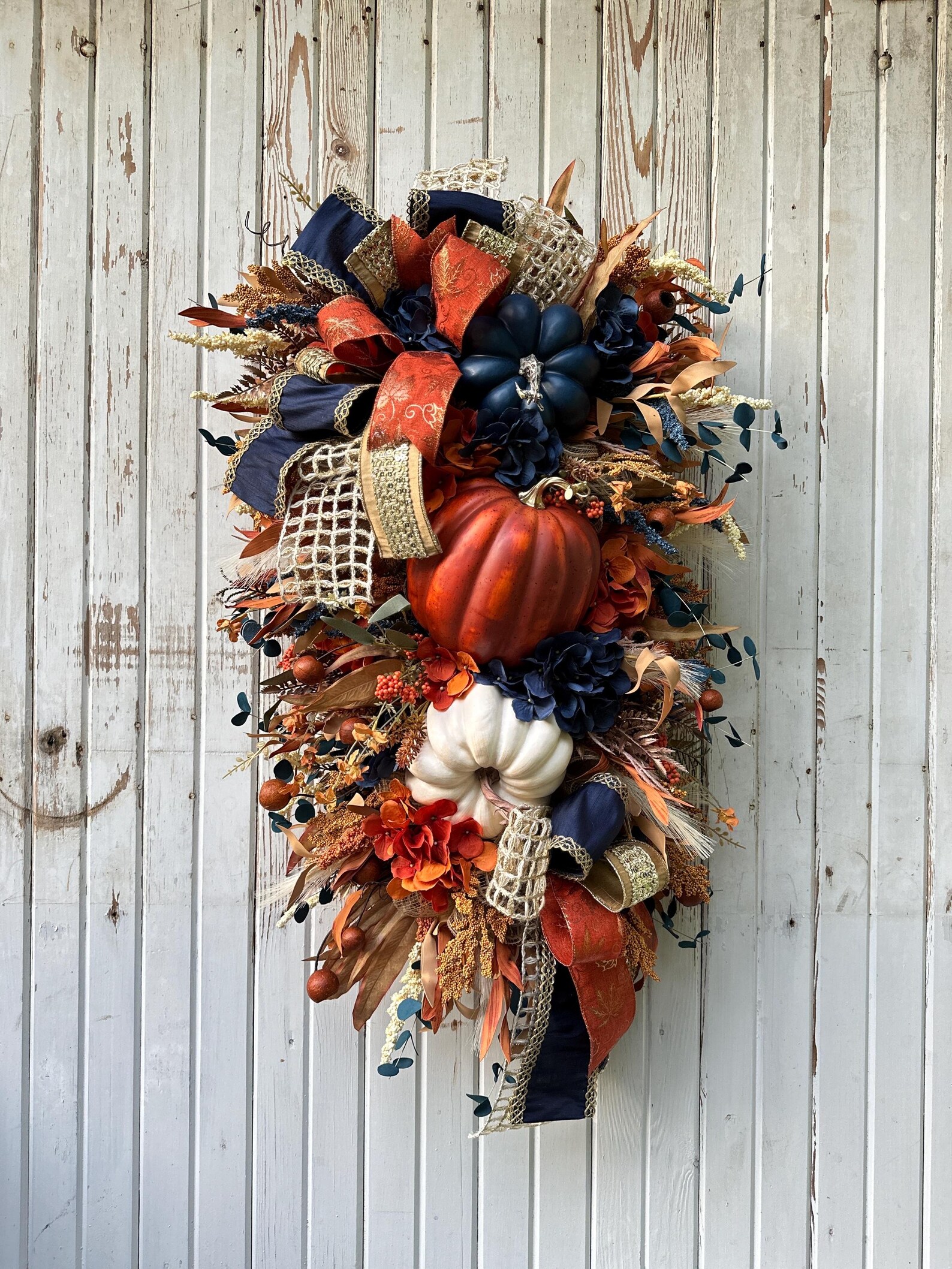 Fall Harvest Pumpkin Swag, XL Autumn Floral Swag, Bold Orange and Blue ...