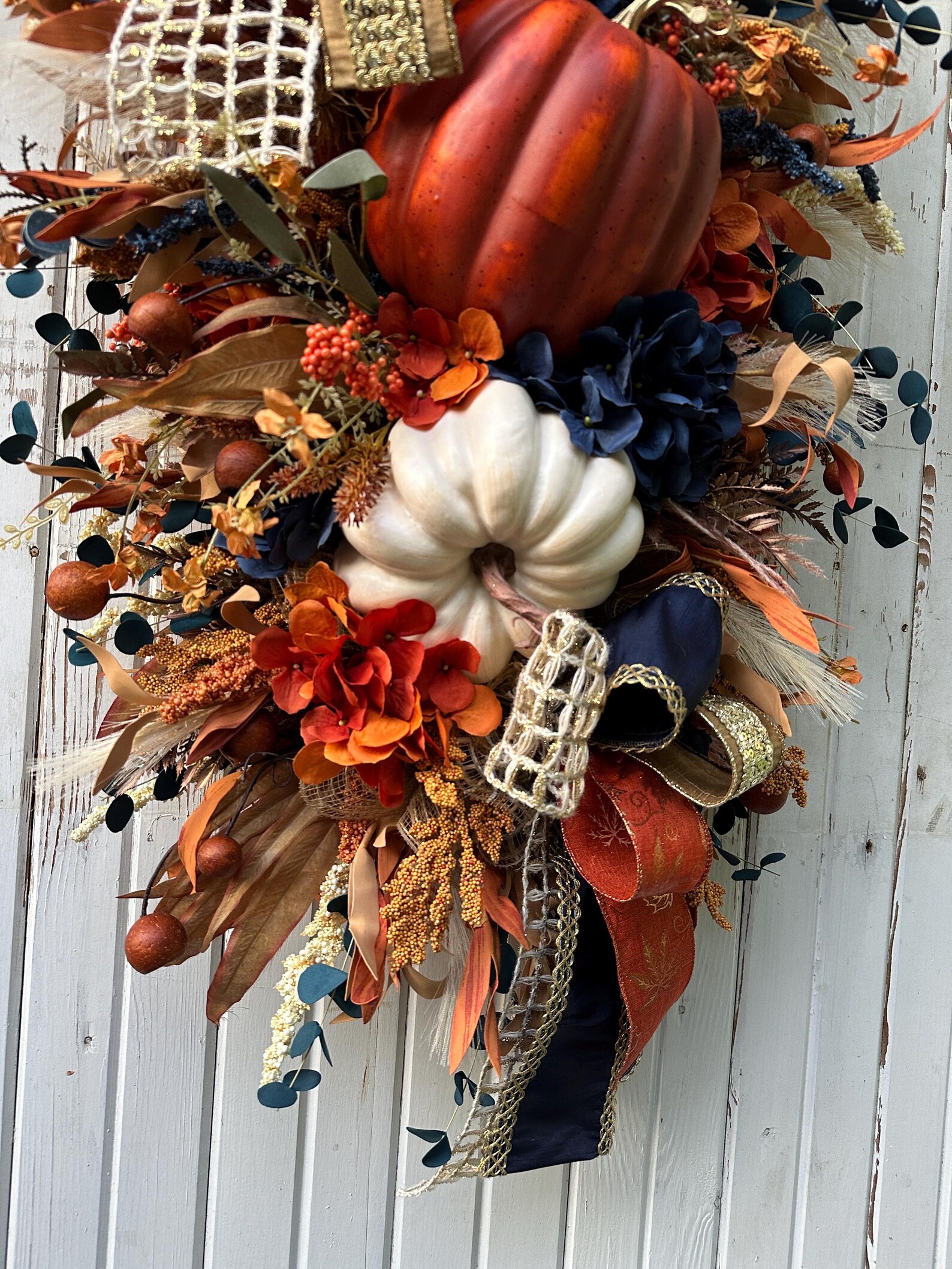 Fall Harvest Pumpkin Swag, XL Autumn Floral Swag, Bold Orange and Blue ...