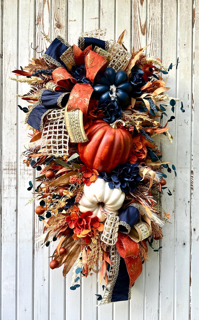 Fall Harvest Pumpkin Swag, XL Autumn Floral Swag, Bold Orange and Blue ...