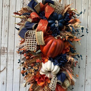 Fall Harvest Pumpkin Swag, XL Autumn Floral Swag, Bold Orange and Blue ...
