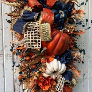 Fall Harvest Pumpkin Swag, XL Autumn Floral Swag, Bold Orange and Blue ...