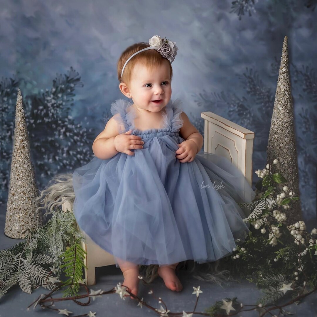 Dusty Blue Baby Girl Dress, Dusty Blue First Birthday Outfit Girl, Blue ...