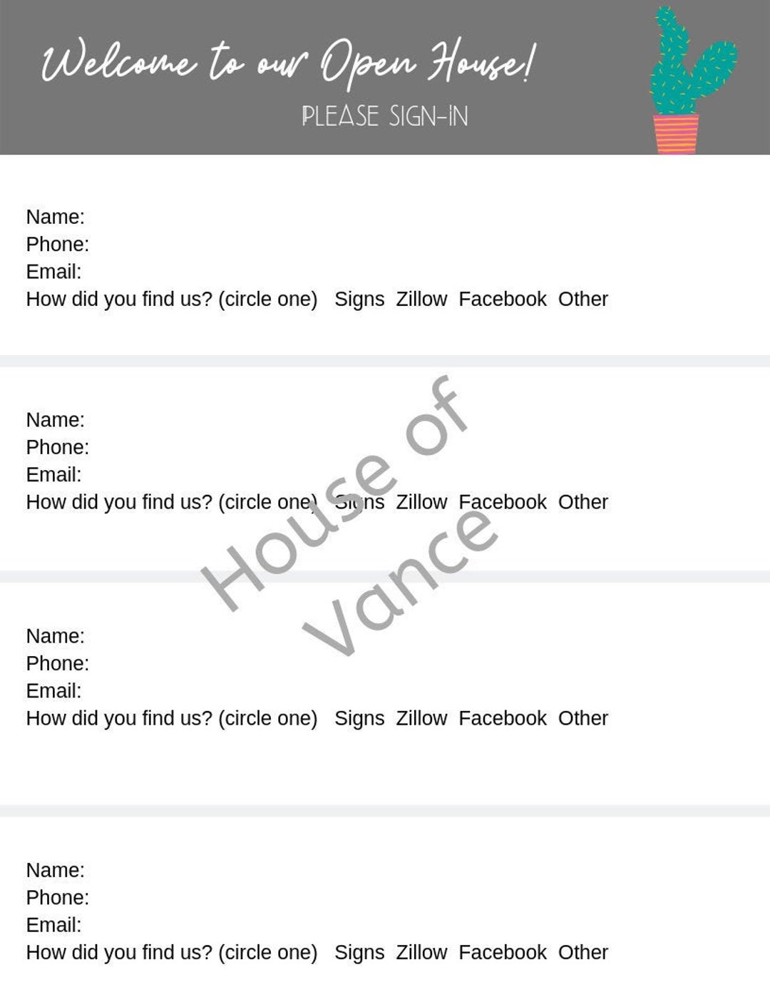 Open House Sign in Sheet Instant Download - Etsy