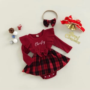 Baby Girl Christmas Outfit Checkered Red Pattern, Personalized ...
