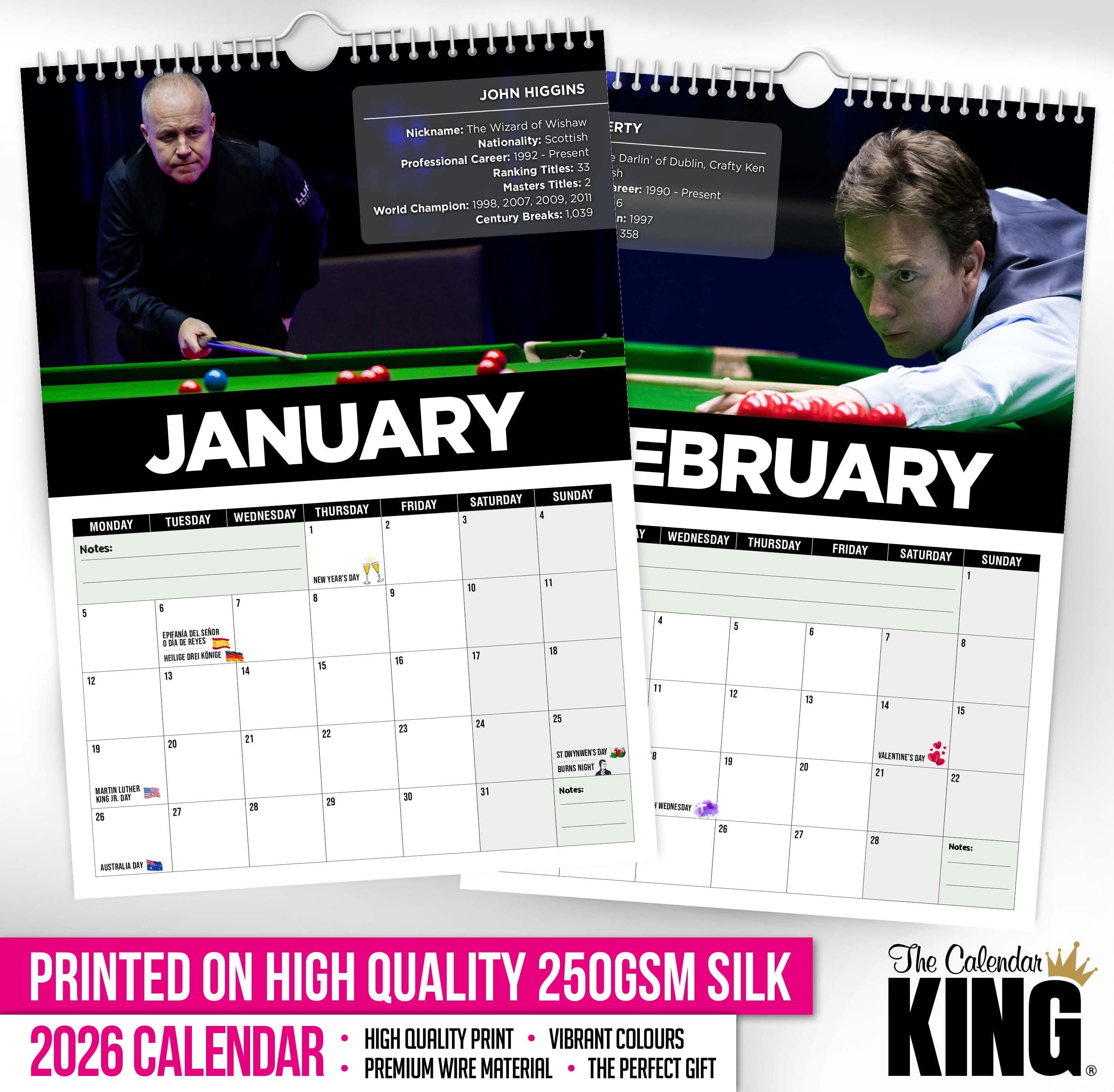 Snooker Legends - 2026 Wall Calendar // Christmas / Birthday / Gift ...