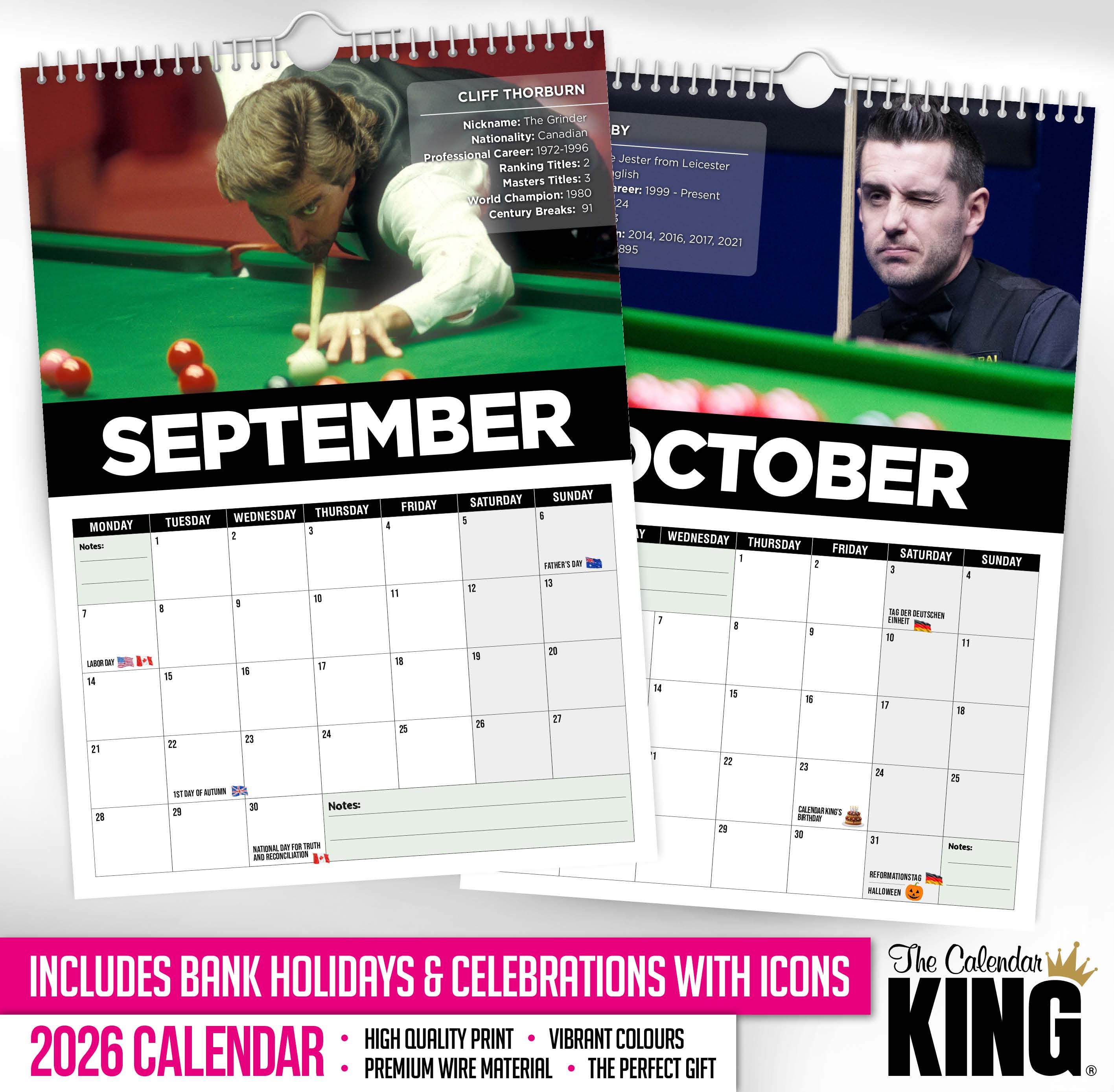 Snooker Legends - 2026 Wall Calendar // Christmas / Birthday / Gift ...