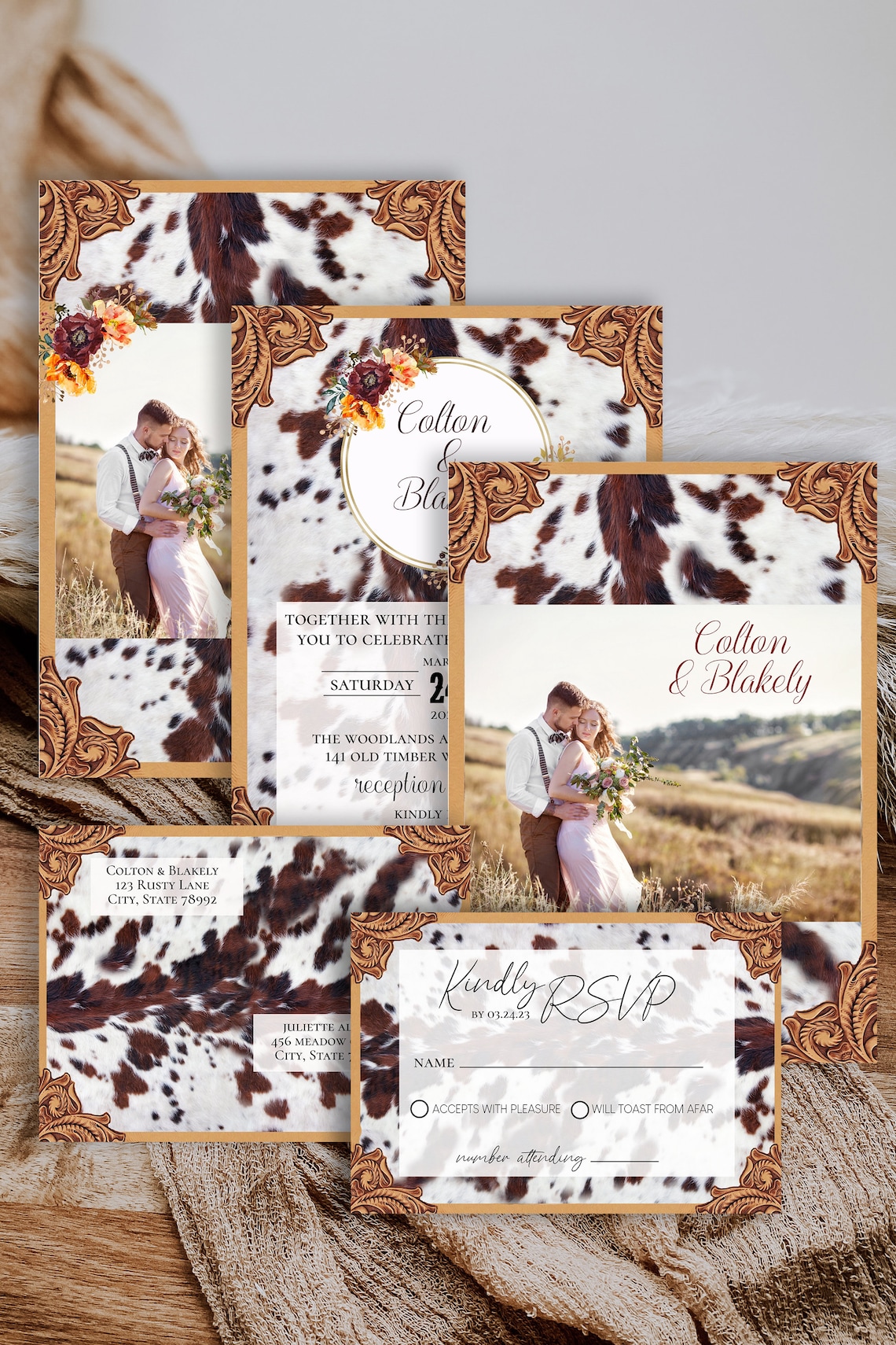 Rustic Wedding Invitation Western Invitation Tooled Leather Cowhide Cow ...